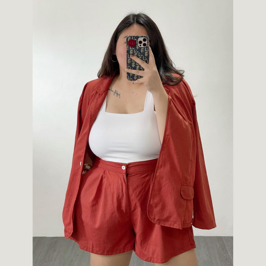 Plus Size Chubby Women COORDS TERNO SET Top Long Sleeves Shorts Linen ...