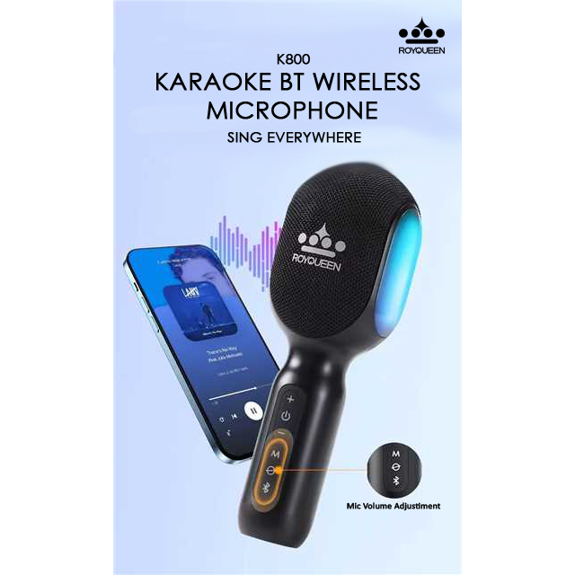 Royqueen K800 portable karaoke microphone w/ built in loud speaker BT connection hand ...