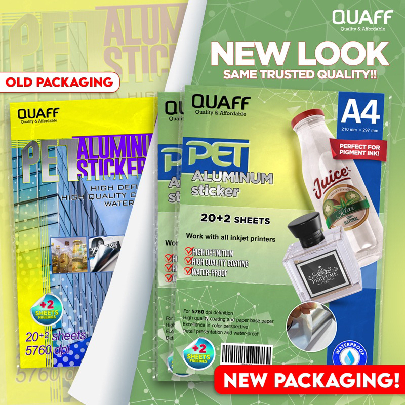 QUAFF PET Aluminum Waterproof Printable Label Sticker A4 Size(20SHEETS ...