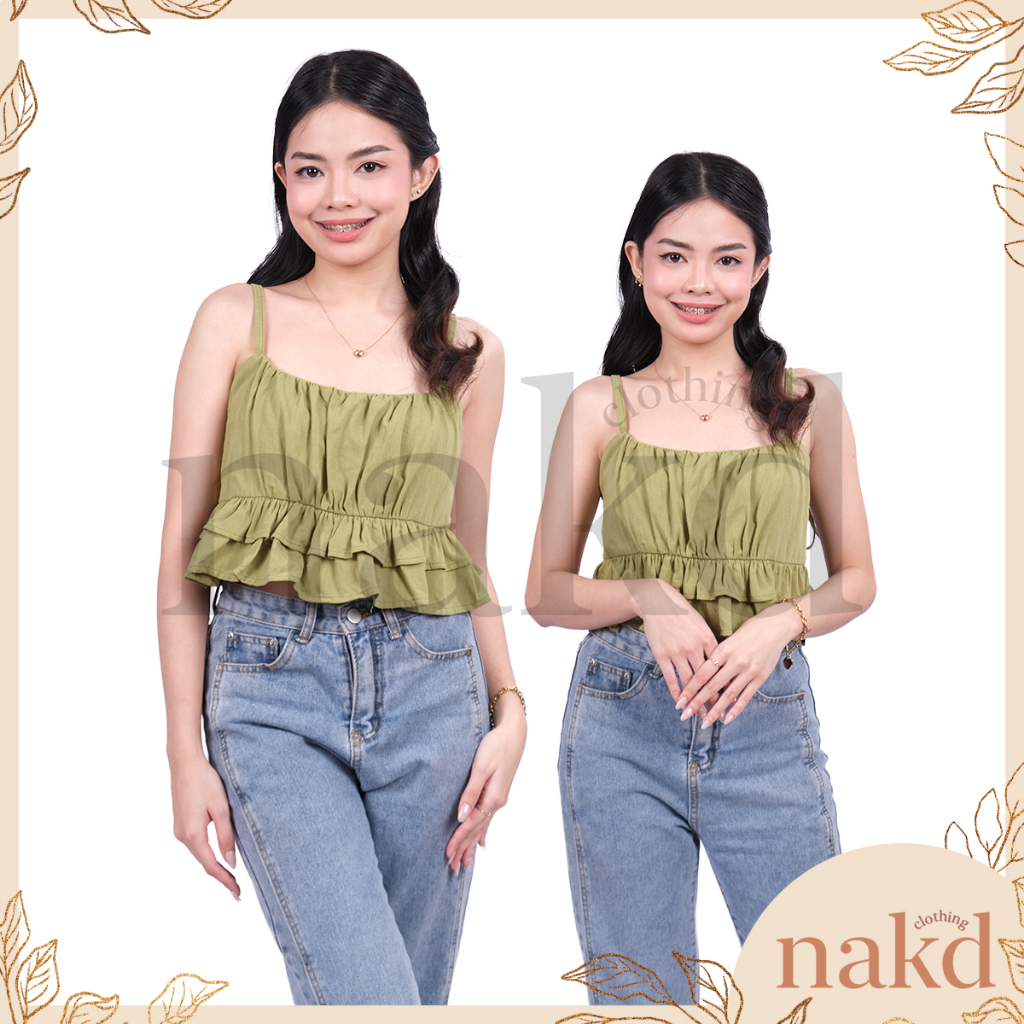 NAKD FASHION ONYX STRING SELF TIE COTTON LINEN SMOCKING RUFFLE CASUAL DAILY TOP FOR WOMEN 1720 ...