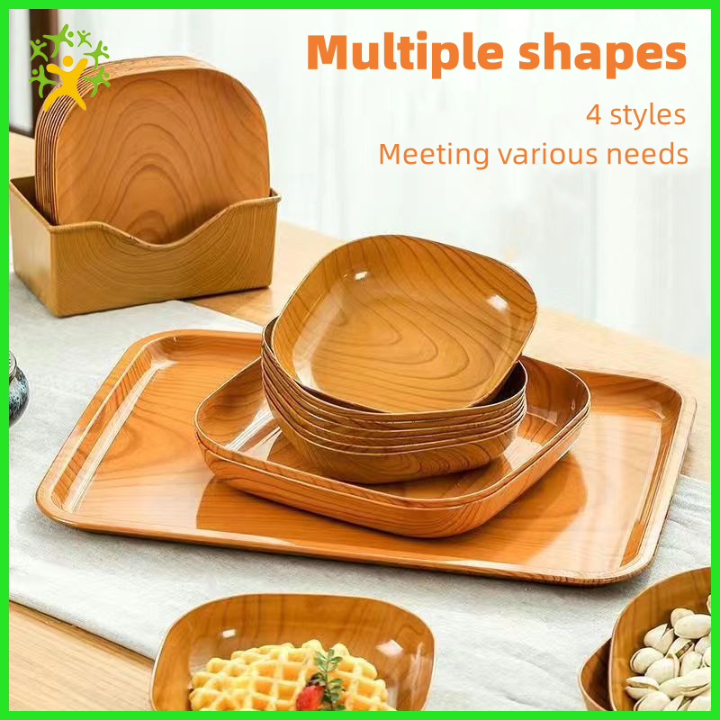 6pcs Kitchen Wood Grain Plastic Square Plate Set - 6pcs Set - Smooth ...