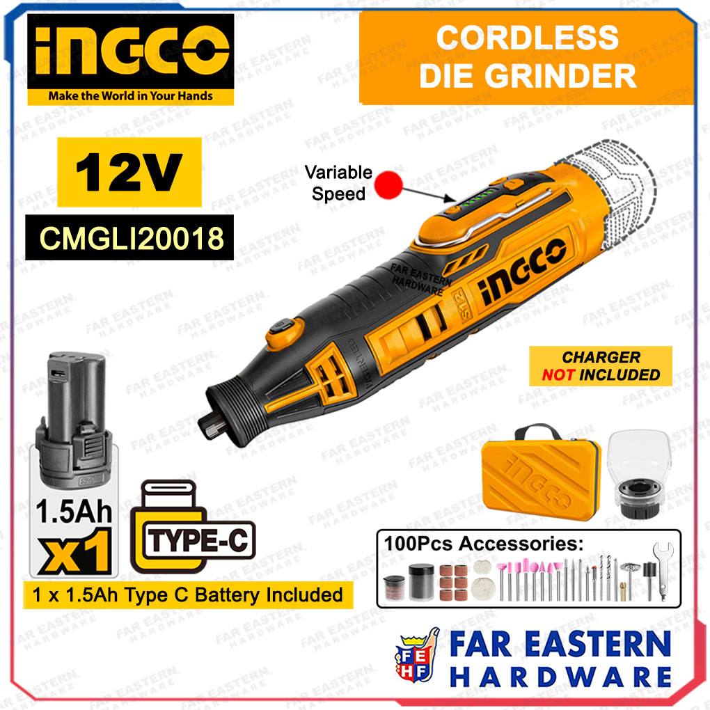 INGCO Cordless Mini Die Grinder Rotary Tool w/ Type C Battery & 100pcs ...