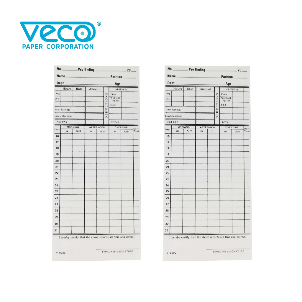 Veco Timecard V-9000 3.5 x 7.5in (100sheets x 2 packs) | Shopee Philippines