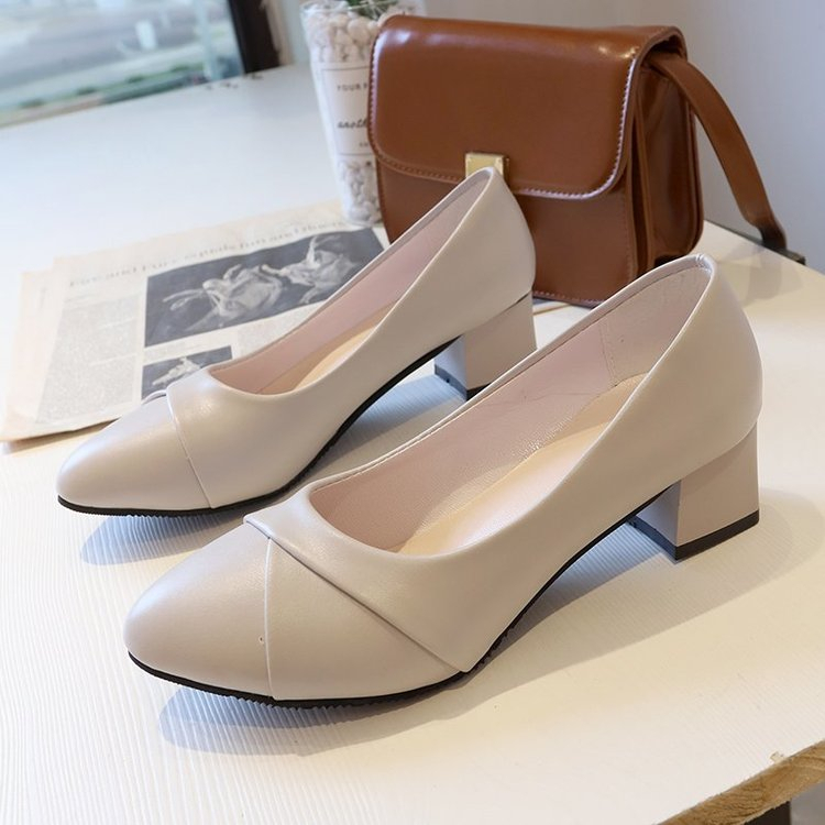 Korean Leather 2 inches High Rounded Toe Beige Office Work Shoes with ...
