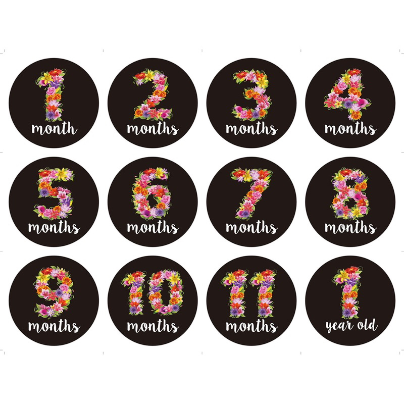12 months black and floral Baby Milestone Stickers Monthly Photo ...