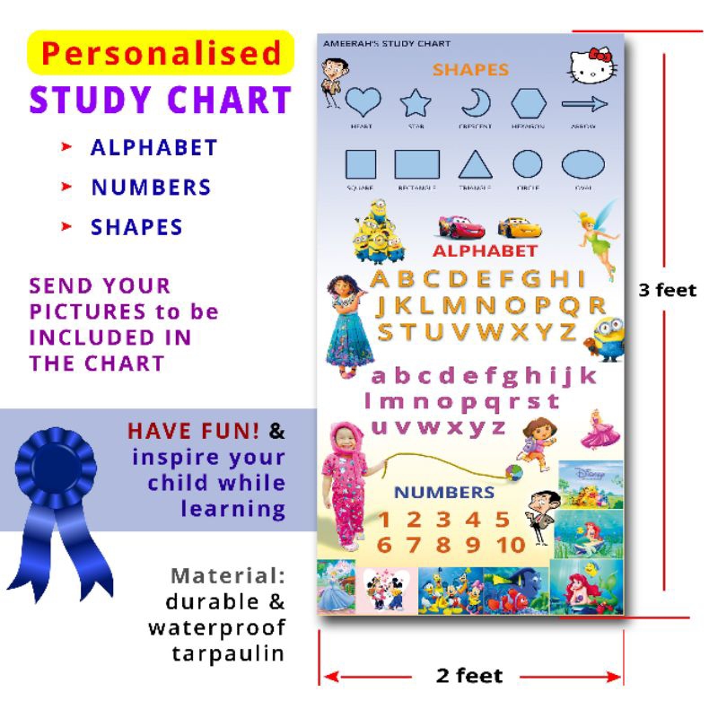 Personalized Children Study Chart Alphabet , Numbers , and Shape for ...