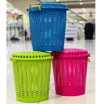ROUND PASTEL COLOR LAUNDRY PLASTIC BASKET WITH COVER (Random color ...