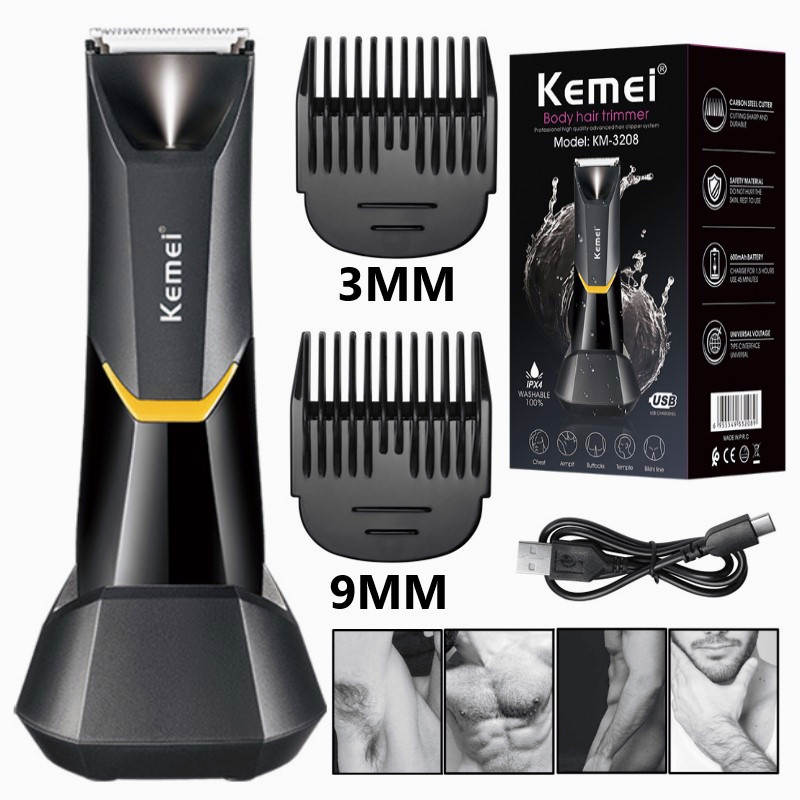 Kemei KM-3208 Washable Electric Groin Pubic Hair Body Trimmer Men & Women Ball Shaver Beard ...