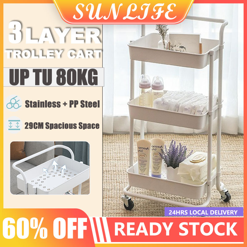 Sunlife 3 Tier Kitchen Trolley Cart Bathroom Storage Cart Rack Rolling ...