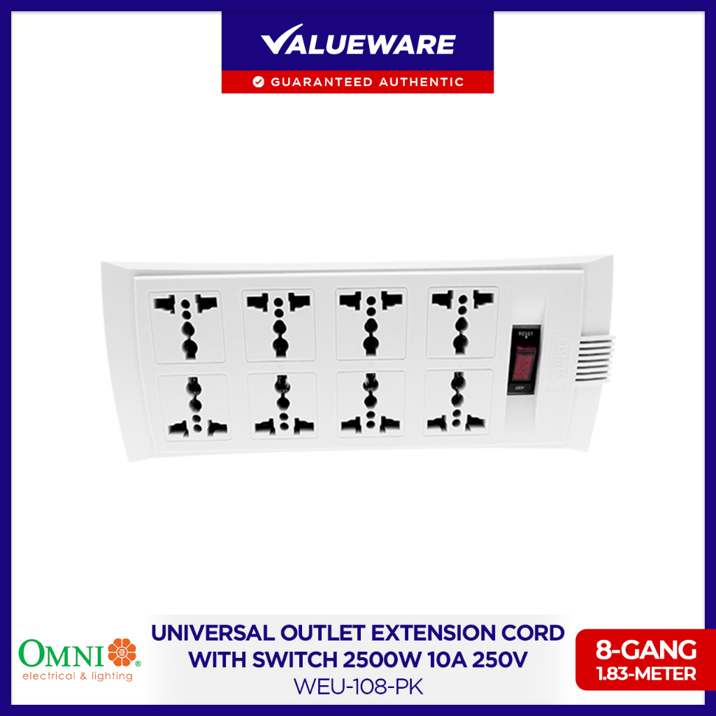 OMNI Universal Outlet Extension Cord with Switch 8-Gang 1.83-Meter Wire ...