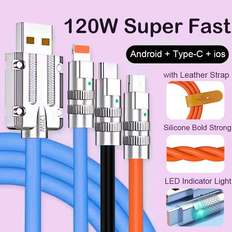 1M 2M 3 IN 1 120W 6A Super Fast Charging Cable ios Cable Cord Micro USB ...