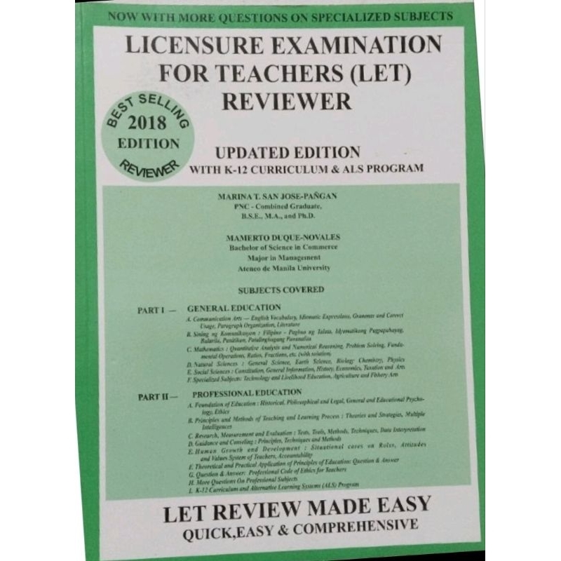LICENSURE EXAMINATION FOR TEACHERS (LET) REVIEWER 2018 EDITION | Shopee ...