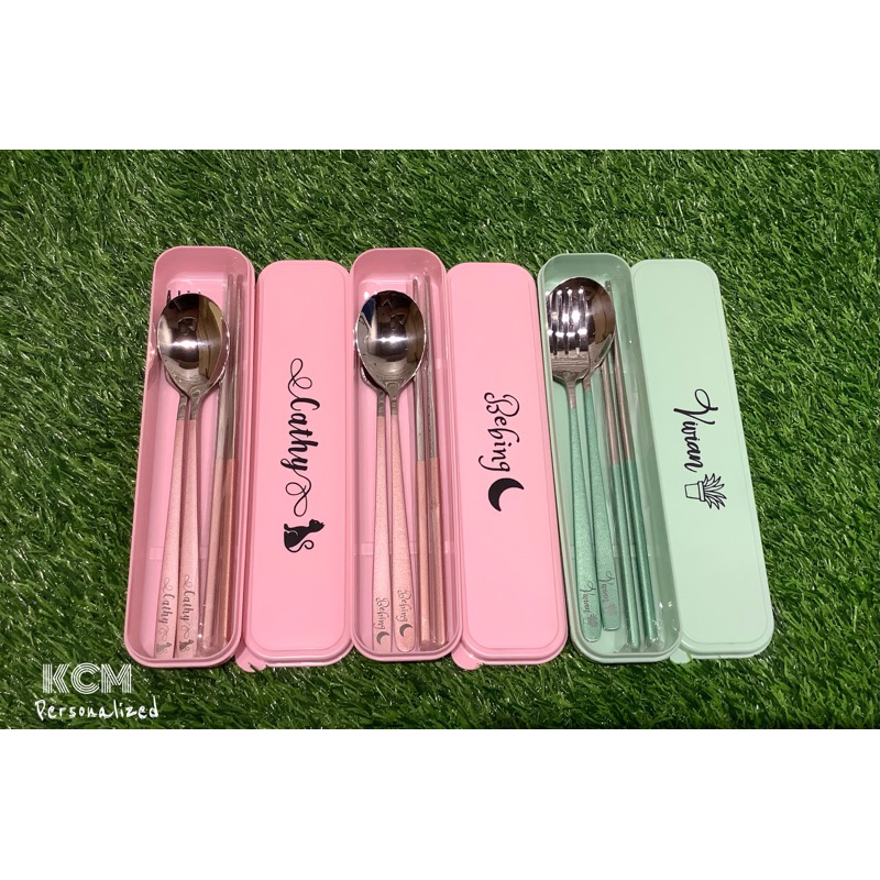 PERSONALIZED KOREAN STAINLESS SPOON & FORK WITH CHOPSTICKS AND CASE ...