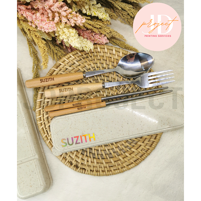 Laser Engrave Stainless Steel Bamboo Spoon & Fork, Chopsticks Set with ...