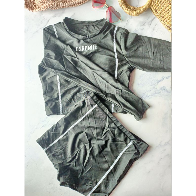 Two Piece Black Crop Top Rash Guard Small with White Stitch Accent and ...