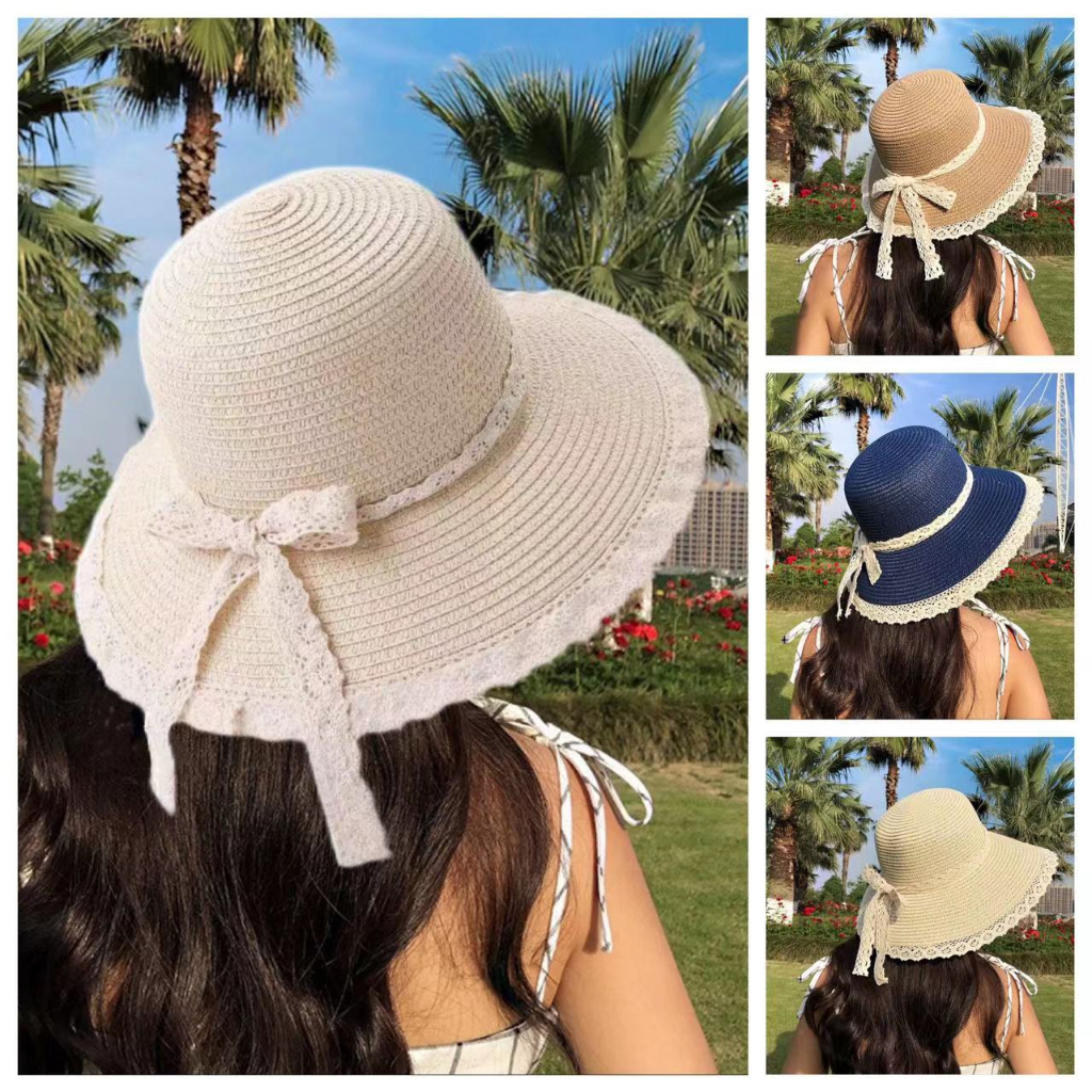 NEW Summer Ladies Sunshade Straw Hat Lace Bow Outdoor Sun Hat Breathable Sunscreen Beach Straw ...