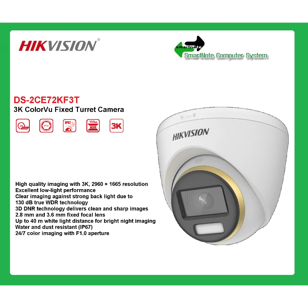 HIKVISION 3K ColorVu Fixed Turret CCTV Camera (DS-2CE72KF3T) | Shopee ...