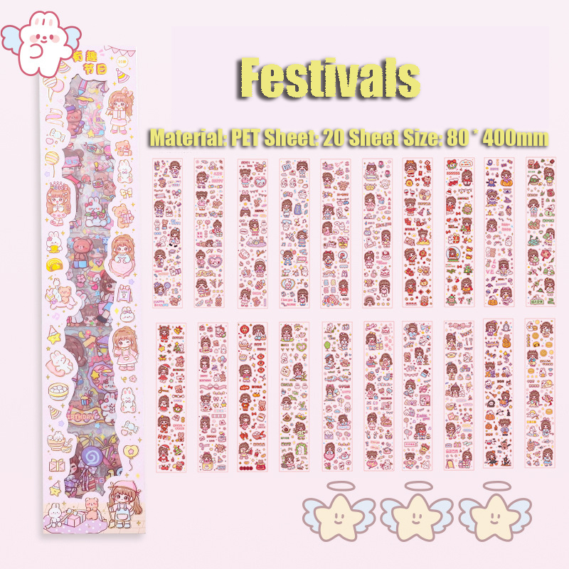 20 Sheet PET Strip Stickers Cute Cartoon Guka Hand Ledger Sticker Set ...