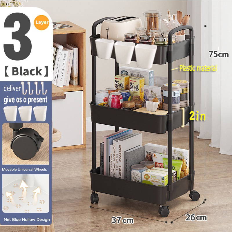 3 Tier Plastic Trolley Trolley Organizer with Handle Wheels and 3 ...