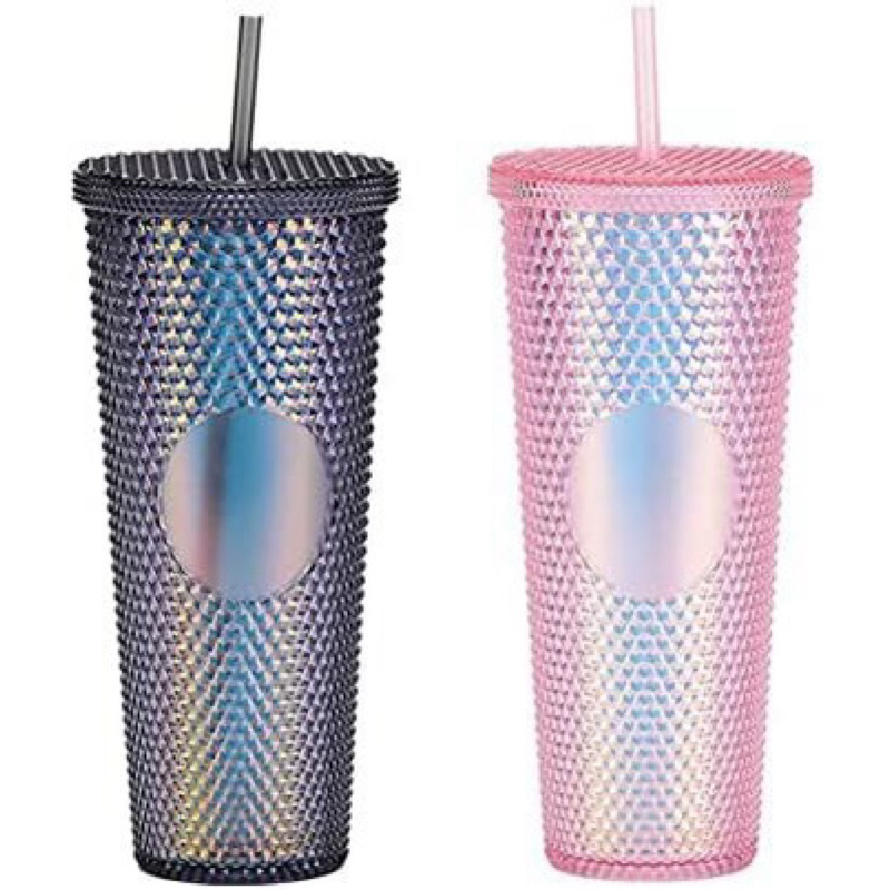 Reusable colorful crystal studded water tumbler cup w straw rainbow ...