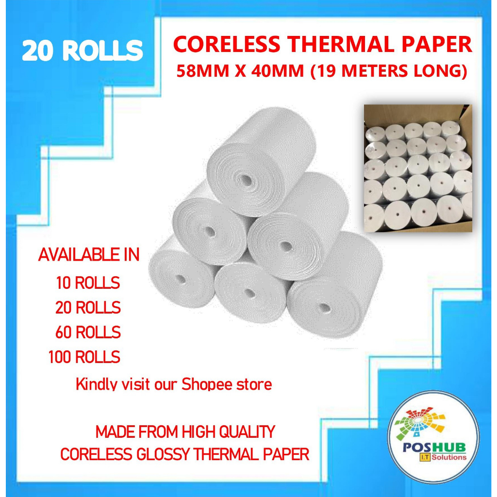 20 ROLLS THERMAL RECEIPT PAPER 57mm x 40mm CORELESS GLOSSY | Shopee ...