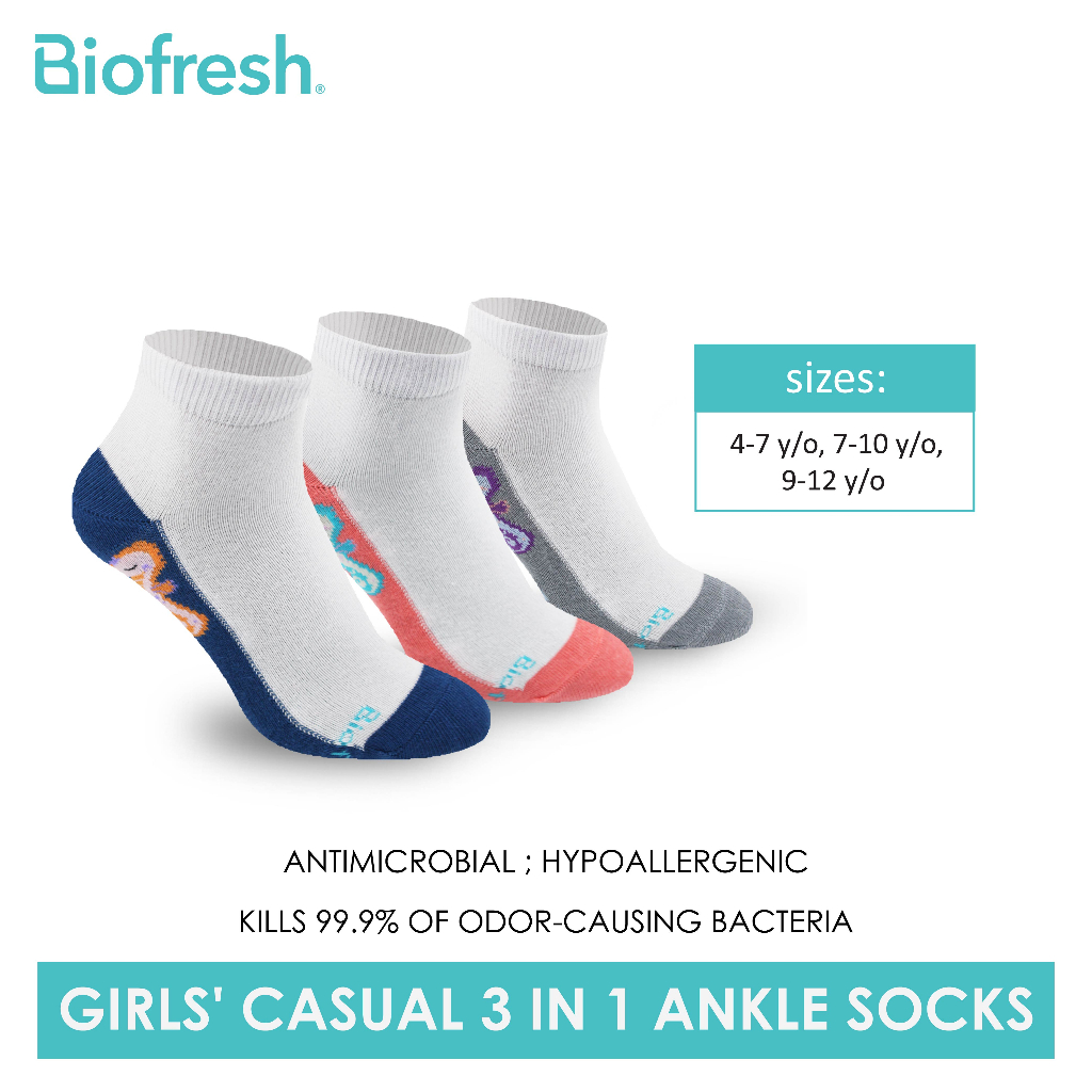 Biofresh Girls’ Antimicrobial Cotton Lite Casual Ankle Socks 3 pairs in ...