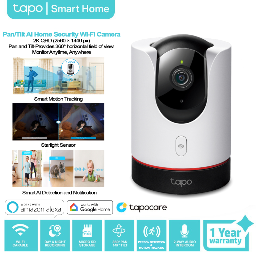 Tapo TP-Link C225 2K QHD Pan/Tilt AI Home Security Wi-Fi Indoor IP ...