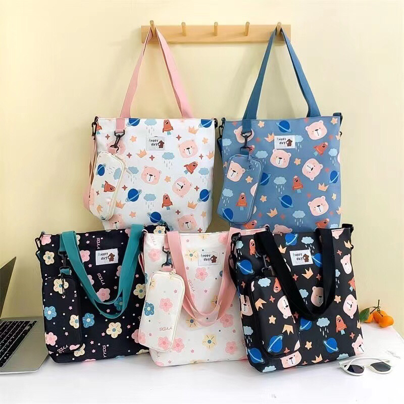 Abe Co #8195 Fashion 2 in 1 Canvas Tote Bag Cartoon Printed Sling bag ...