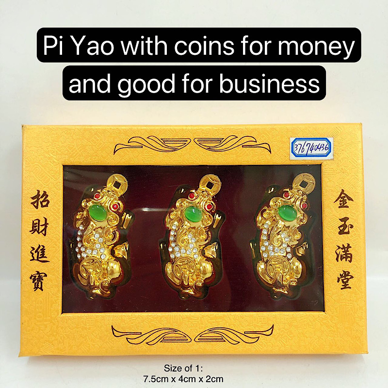 Fengshui Set of 3 Bejeweled Gold Pi Yao Piyao with Coin | Shopee ...