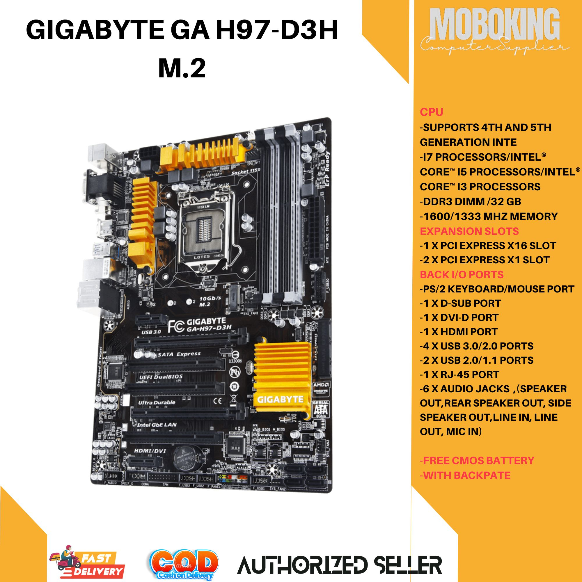 GIGABYTE GA H97-D3H M.2 4th and 5th Gen LGA 1150 Motherboard H97 Socket ...