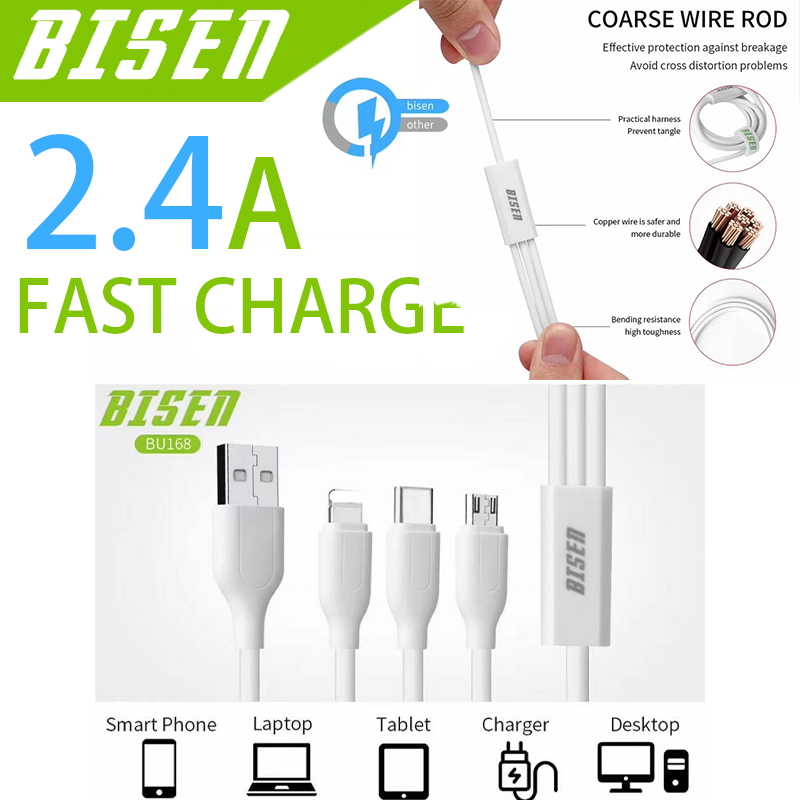 BISEN BU168 3 in 1 Quick Charging Usb Data Cable 2.4A Super Fast Charge ...