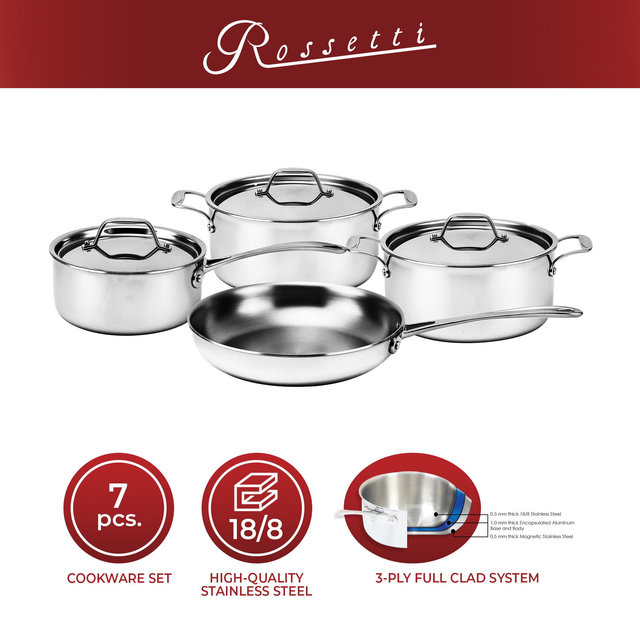 Rossetti R2150-07 Althea Series Stainless Cookware Set 7 Pieces ...