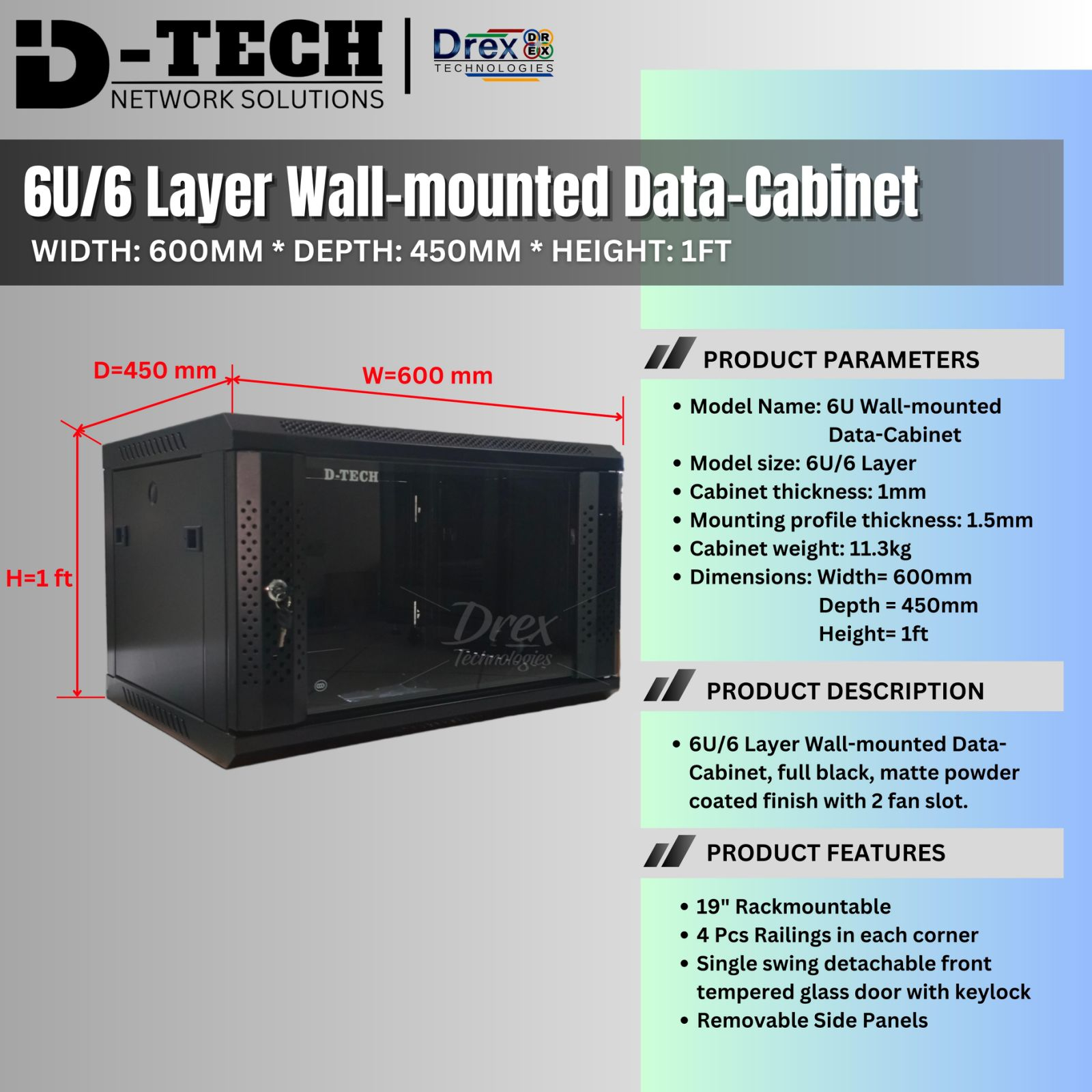 D-Tech 6406 6U Wallmounted Data Cabinet W=600 * D= 450 * H=1FT | Shopee ...