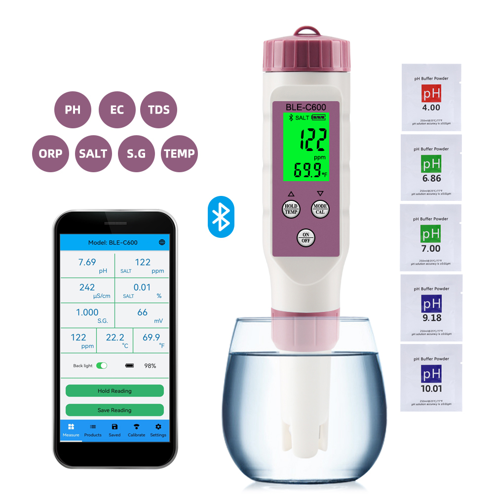 Smart Bluetooth pH Meter,7-in-1 pH/TDS/EC/ORP/S.G/Temp/Salt Meter for ...