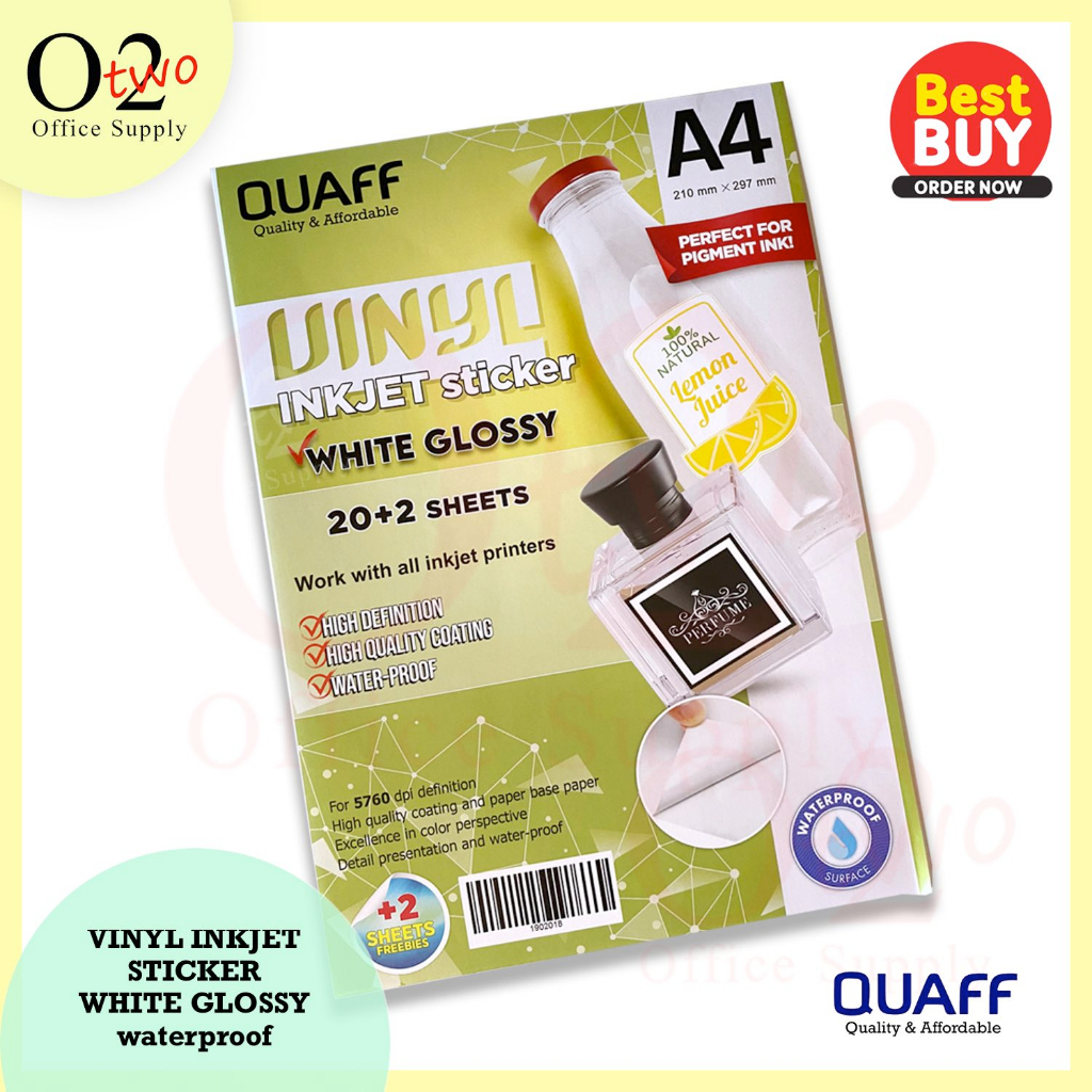 QUAFF Vinyl Inkjet Sticker White Glossy A4 Waterproof (20+2 sheets ...