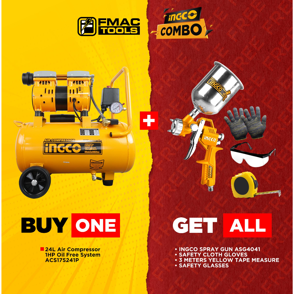 INGCO COMBO 24L Air Compressor 1HP ACS175241P + INGCO SPRAY GUN ASG4041 ...