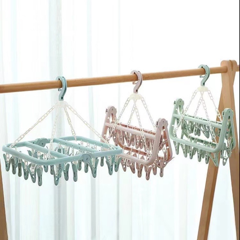 Plastic Laundry Hanger with Clips, Foldable Clip Hangers with 32 Clips ...