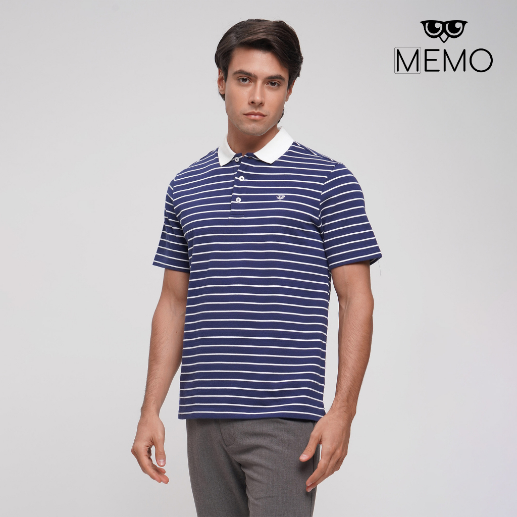 Memo Striped Polo With Contrast Collar For Men (Navy Blue) | Shopee ...