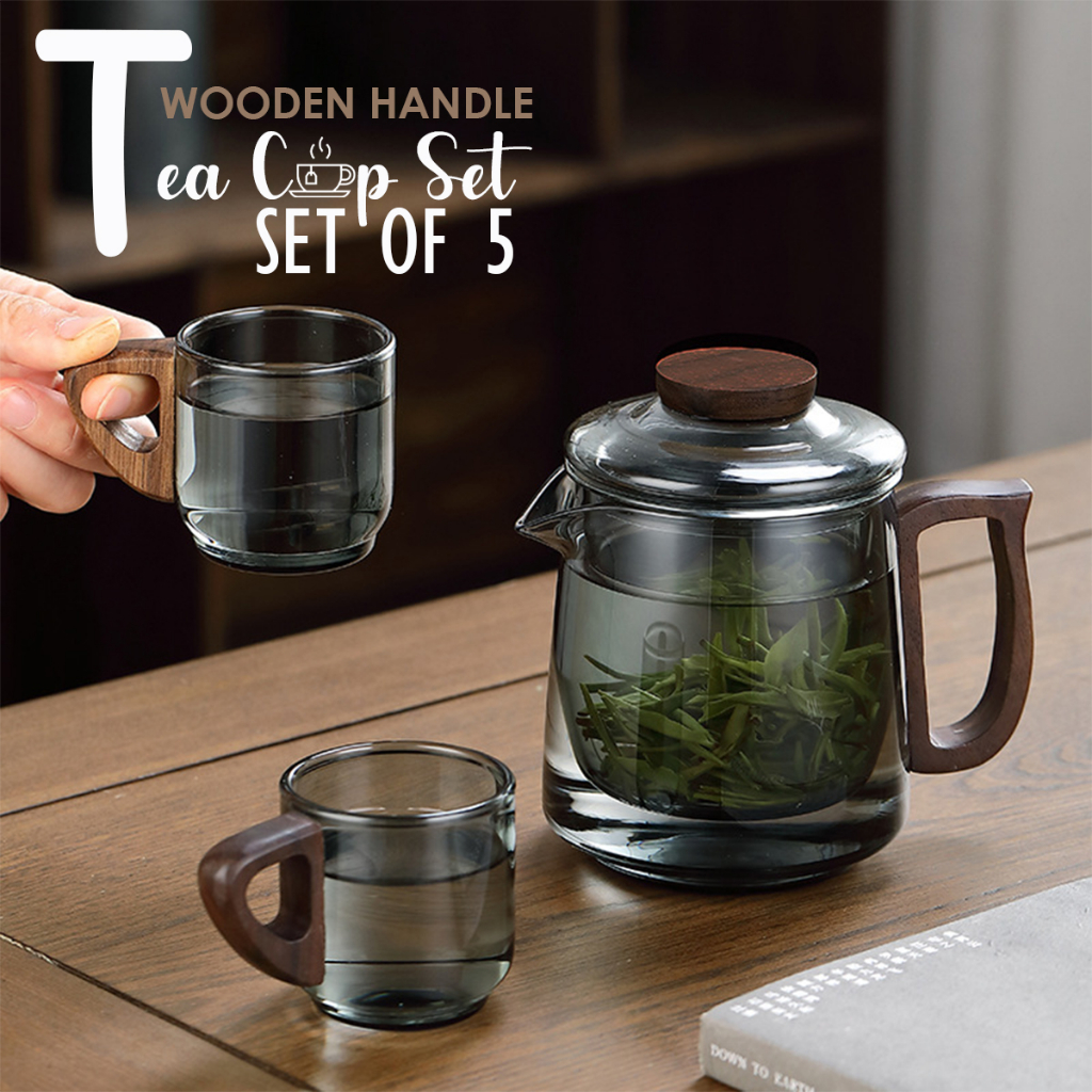 LOCAUPIN Borosilicate Glass Teapot with 4pcs Cup Set Wooden Handle ...