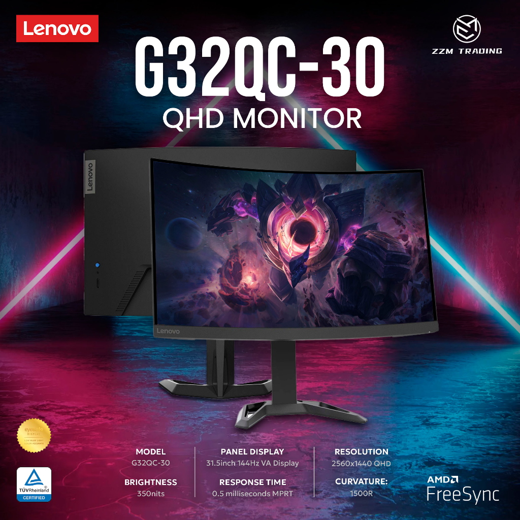 Lenovo G32QC-30 QHD Curved Monitor 31.5 inch 16:9 144Hz VA 2.5k 99%sRGB ...