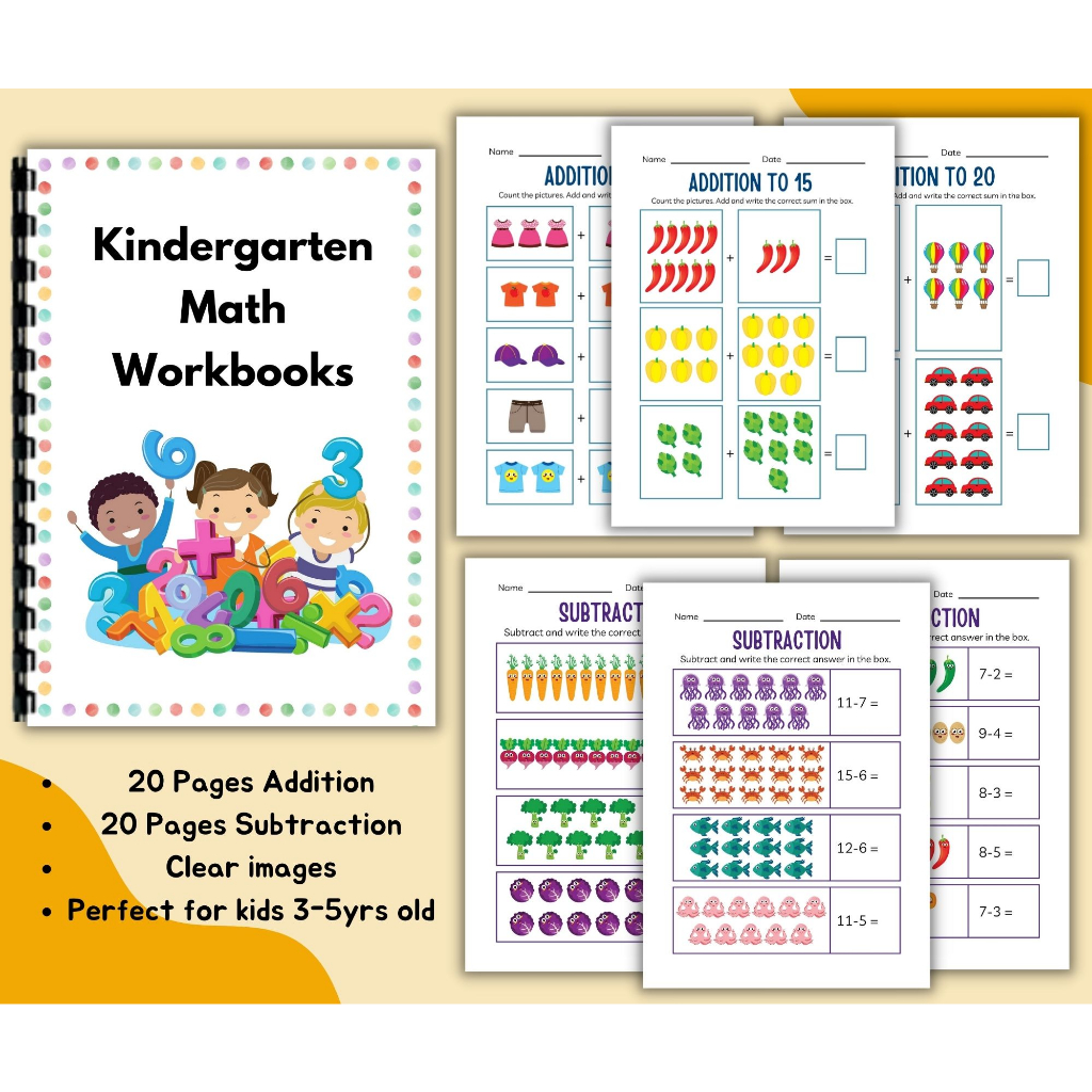 Math Kindergarten Workbook 40 PAGES Addition and Subtraction For Kids ...