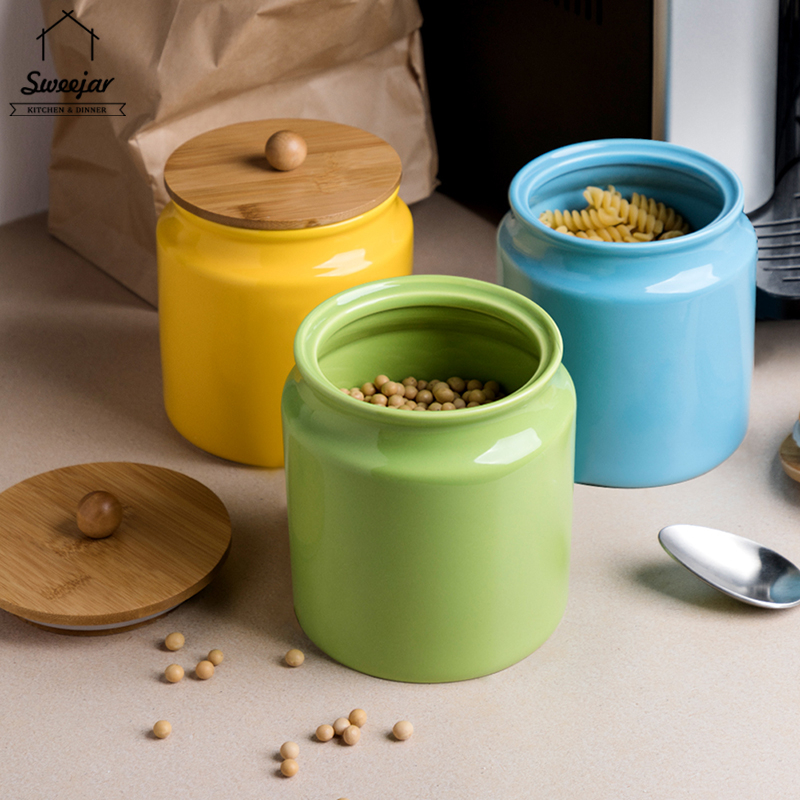 Sweejar 880ml Ceramic Food Storage Jar Canisters with Bamboo Lid and ...