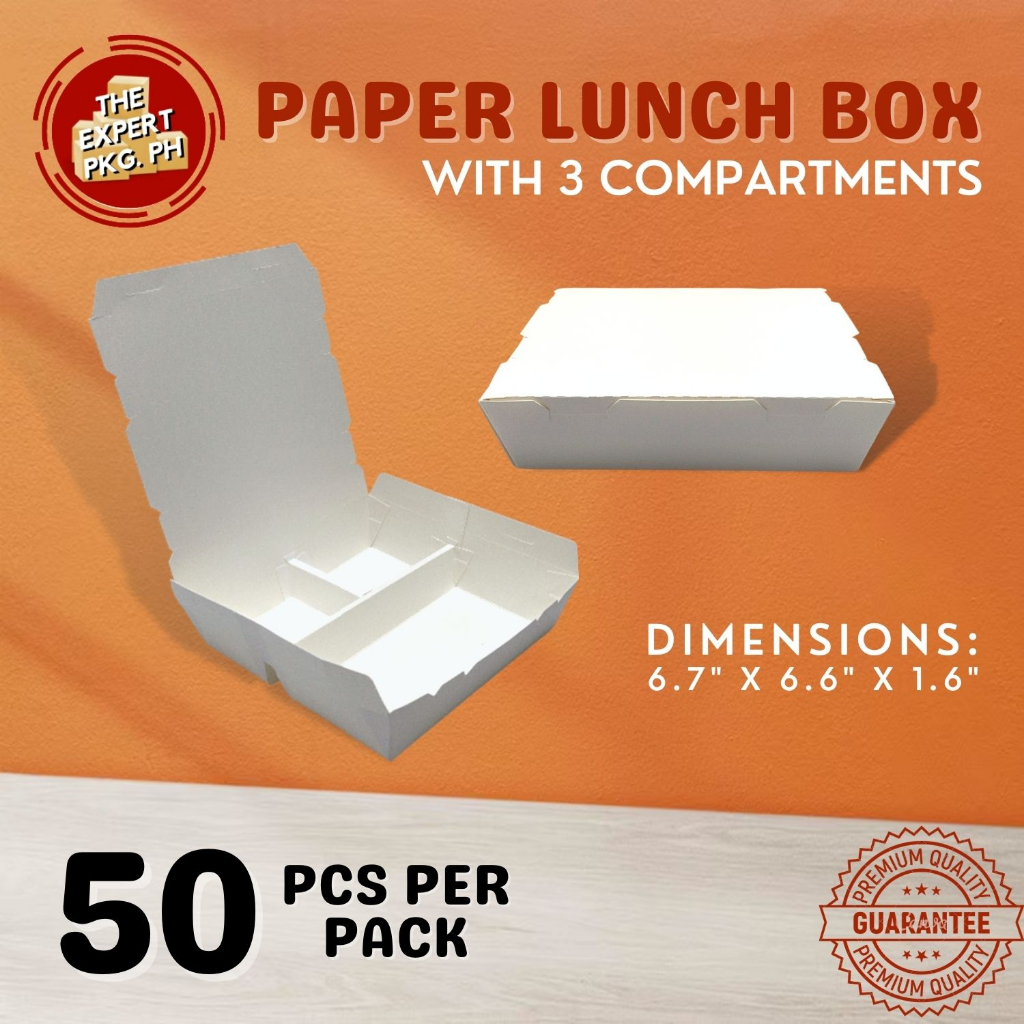 800CC Paper Meal Box 3 Divisions Takeout Box 50pcs/Order White Eco ...