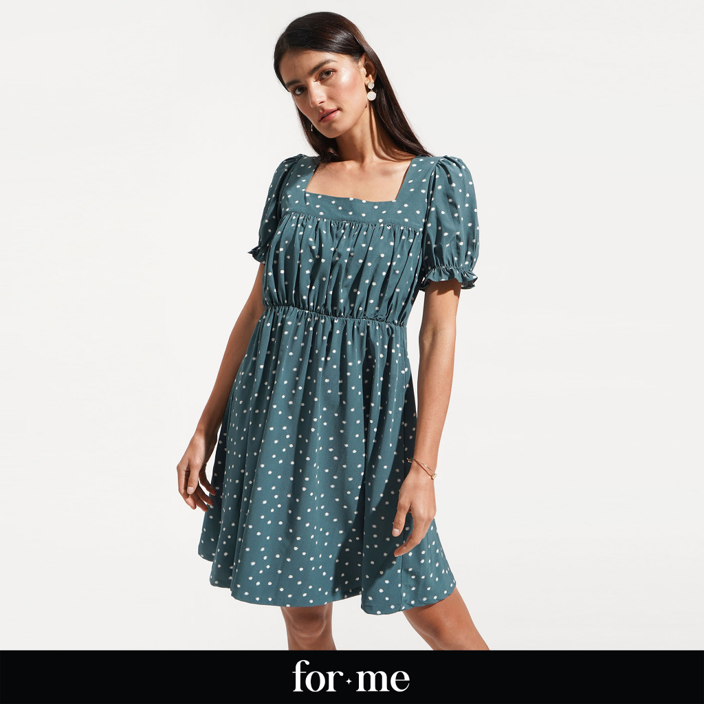 ForMe All Over Print Square Neck Dress for Women With Ruching Detail ...