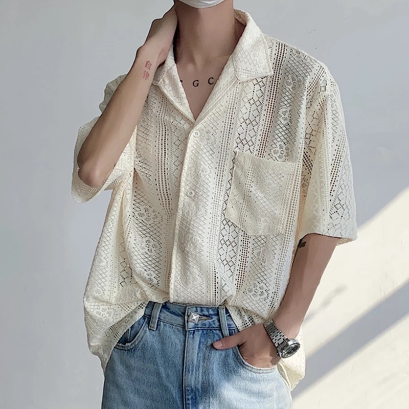 NP Men's Korean Style Polo for Men Lace See Through Short Sleeve ...