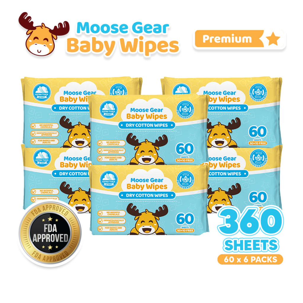 Moose Gear Baby Dry Wipes Premium 360sheets 6PACKS Thick & Soft Cotton ...