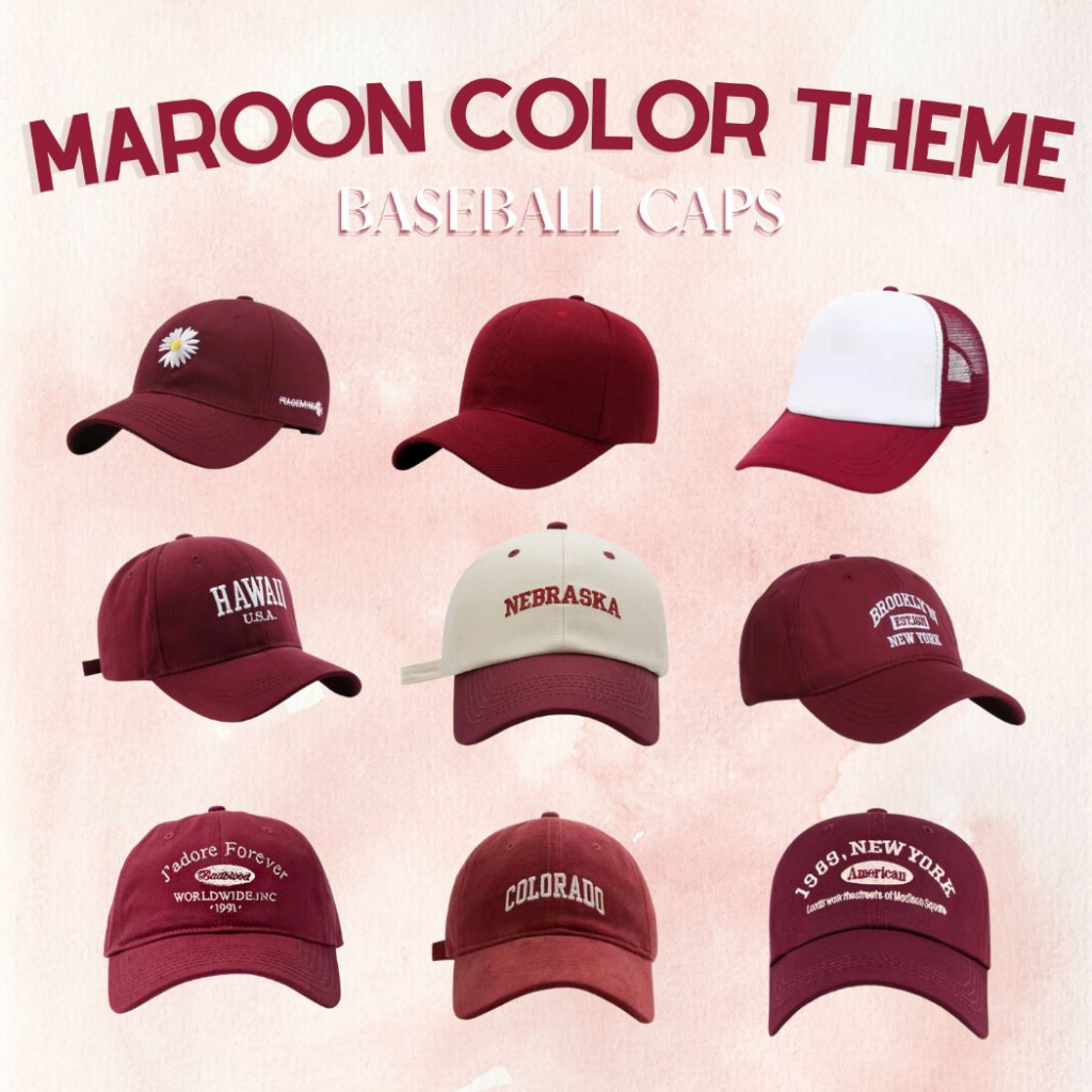 Red/Maroon Color Theme Korean Cotton Unisex Baseball Cap & Hat School ...