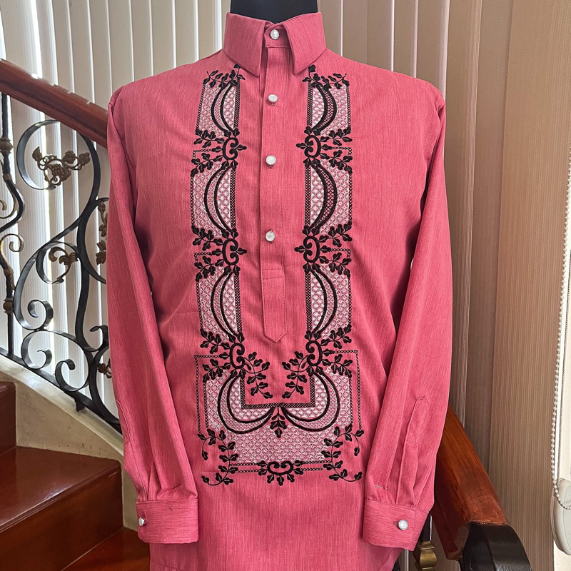 Oldrose Pink Burgundy Long Sleeves Polo Barong w/ Computerized ...