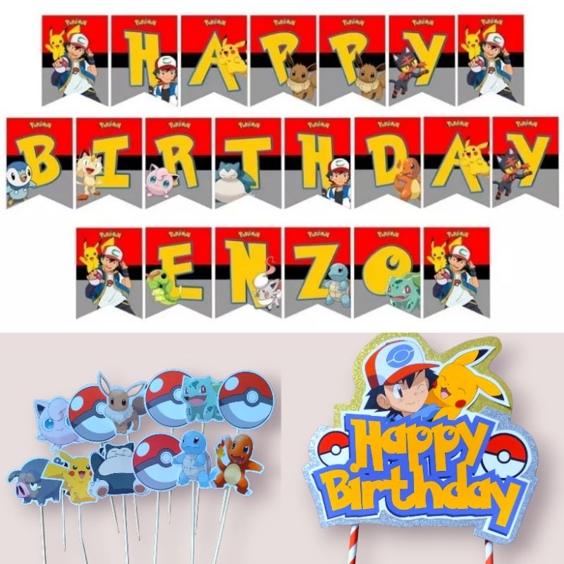 Pokemon Theme Birthday Party Banner Cupcake Cake Topper Decoration ...