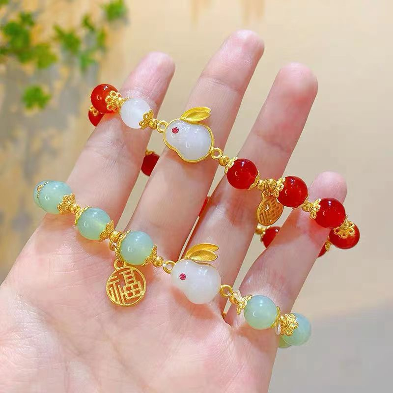 Jade Bunny Rabbit Bracelets with FU Pendant Yutu Bracelet Lucky Jade ...